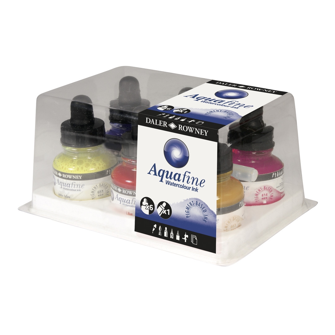 Aquafine Watercolour Ink Set, 6 x 29.5ml + Marker - ArtMaterials.CA