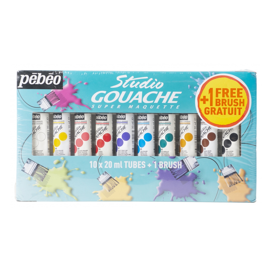 Pebeo Studio Gouache, Set, 10 Colours, 20 ml ea. With One Brush ...